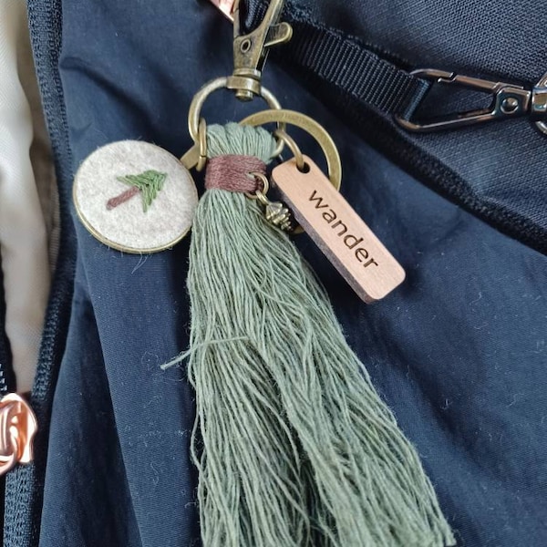 Wander Keychain, Explore Hike Tassel, Tiny Hand Embroidery Pine Tree ...