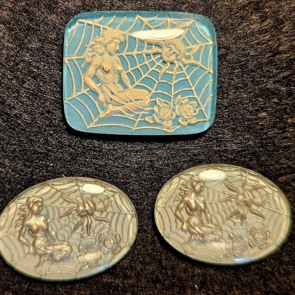 Vintage German Reverse Intaglio Glass Cabochon - Blue and White Lady ...