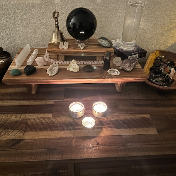 2 Altar Table Set, 2 Tier Altar Tables, Teak Wood, Crystal Shelf, Small ...