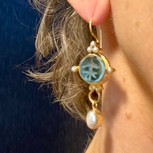 Intaglio Jewelry, Blue Earrings, Vintage Wedding Earrings, 18K Gold ...
