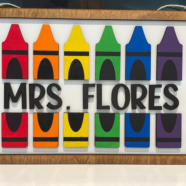 Personalized Teacher Rainbow Crayon Wood Door Sign | Custom Teacher ...