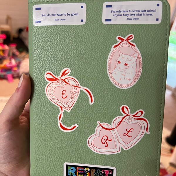 Custom Initial Heart Locket Sticker, Coquette, Hand-drawn, Ribbon ...