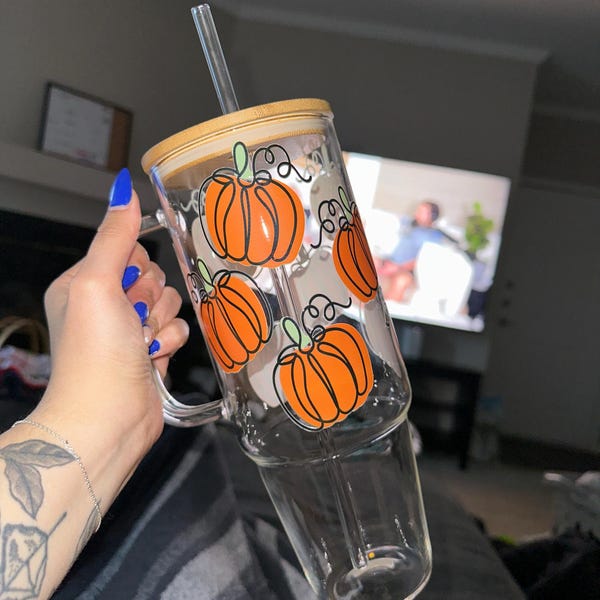 Pumpkin Glass Can Coffee Cup With Lid and Straw, Fall Coffee Mug, Fall ...