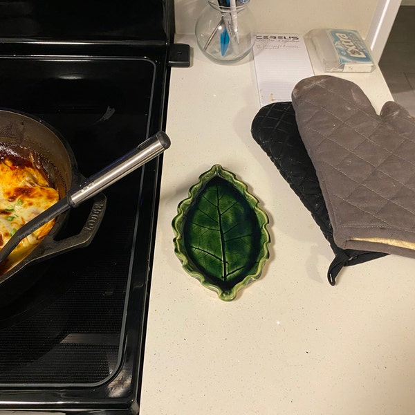 Ceramic Leaf Spoon Rest Handmade Kitchen Green Spoon Rest Pottery ...