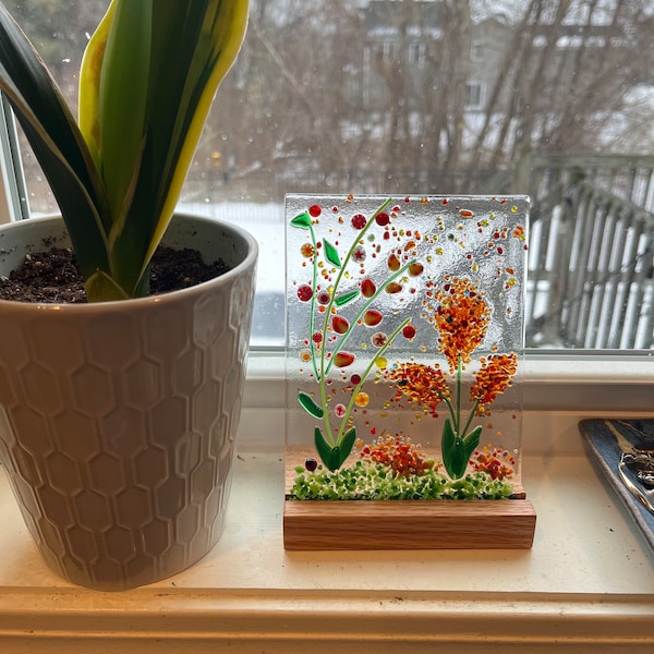 Fused Glass Orange Cottage Garden With Wooden Stand, Fused Glass Nature ...