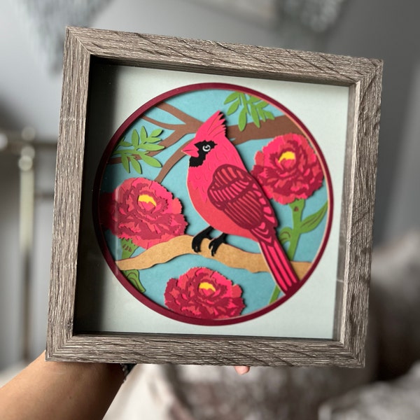 3d Cardinal With Carnations Shadow Box Svg, Bird Shadow Box Svg, 3d ...