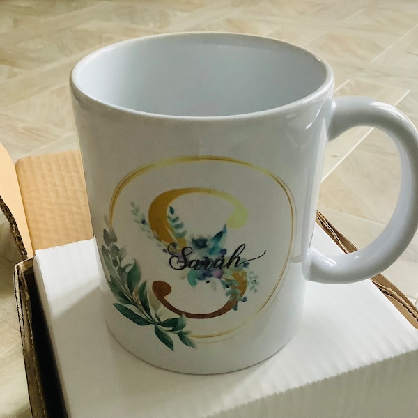 Personalised Floral Initial Mug, Custom Name Coffee Cup With Gold ...