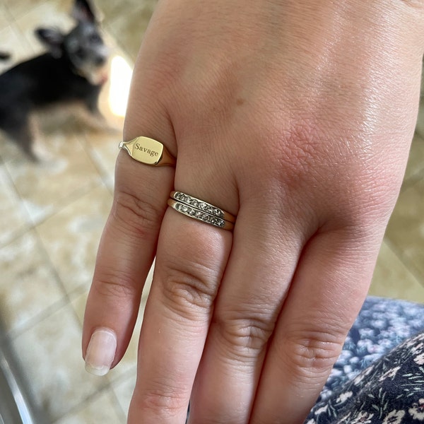 Solid Gold Square Signet Ring, 14k Gold Engraved Pinky Ring for Men Women, Personalized Initial ...