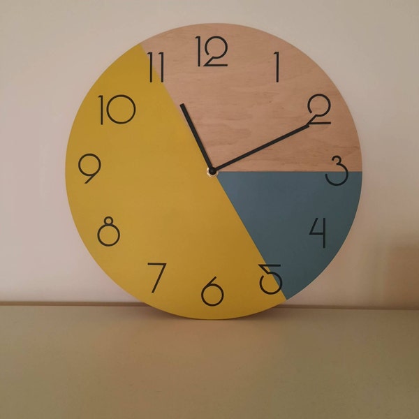 Minimalist Wall Clock With Numbers Large Wooden Clock Mustard and Gray ...