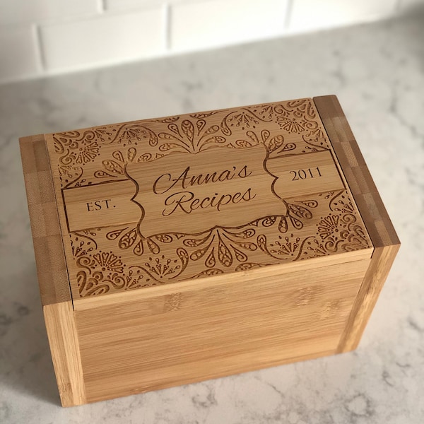 Personalized Recipe Box - Decorative Floral Design - Bamboo Recipe Box ...