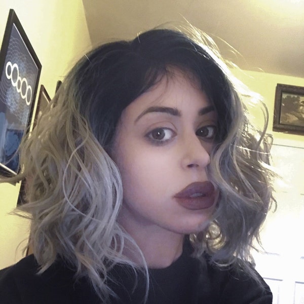 12 Inch Lace Front Grey With Dark Roots Short Wavy Lob Wig With Side ...