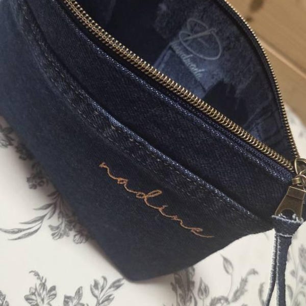 Personalized Upcycled Denim Zipper Pouch: Embroidered Makeup Bag Made ...