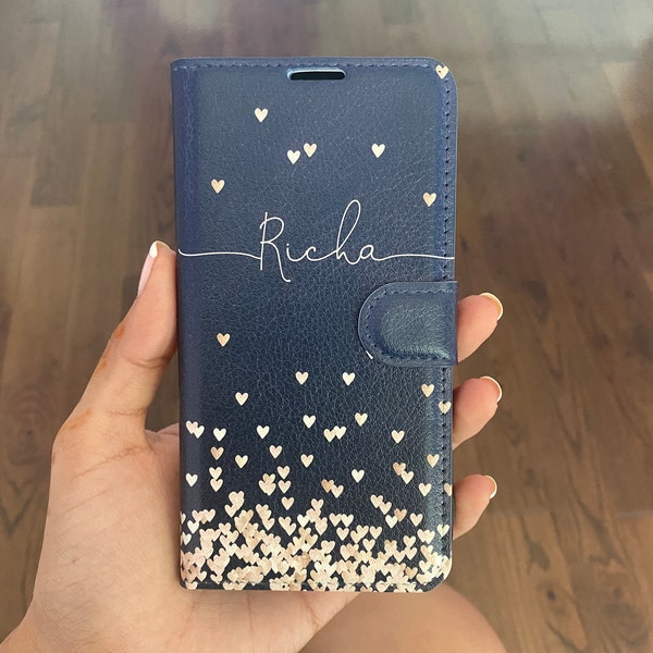 Personalised Initials Custom Wallet Leather Phone Case Rose Gold Hearts ...
