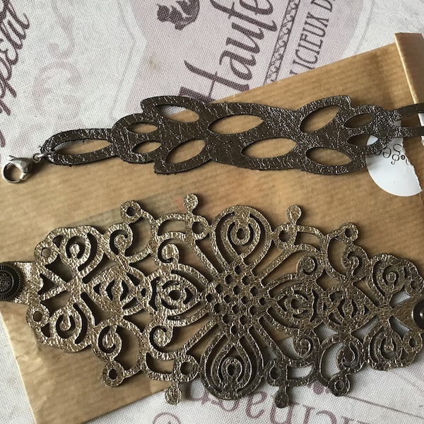 Laser Cut Filigree Leather Bracelet, Platinum Animal Skin Cuff, Boho ...