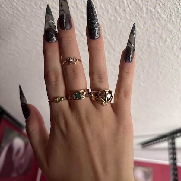 Black Stars Press on Nails, Black Coffin Nails, Custom Fake Nails, Handpainted False Nails ...