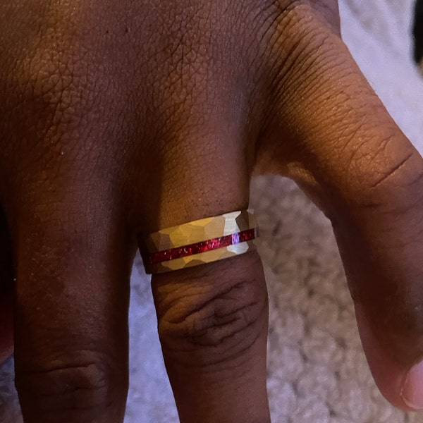 Hammered Gold Ruby Ring, Men Wedding Band, Offset Crush Red German Glass Stones, Brushed Gold ...