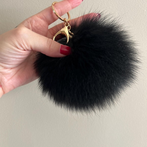 Black Pom Pom Keychain, Fur Ball Bag Charm, Fashion Accessory for ...