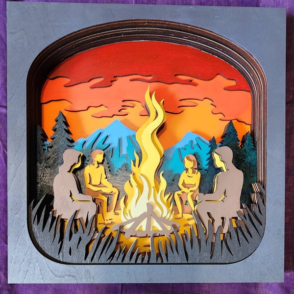 Camp Fire Shadow Box SVG Template, Mountain Forest Hiking 3D SVG ...
