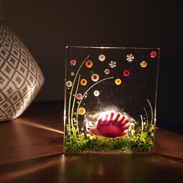Tea Light-candle Display-hedgehog and Flowers-glass Plaque-fused Glass ...