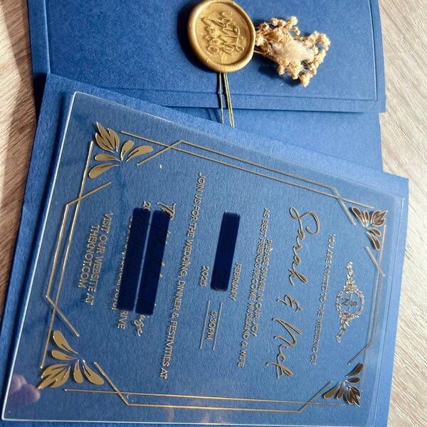 Blue Foil Acrylic Wedding Invitation: Floral Embellishments - Etsy