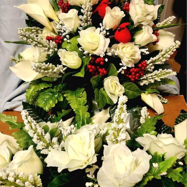 This Headstone Saddle Has Silk Grave Flowers Including Cream Calla ...