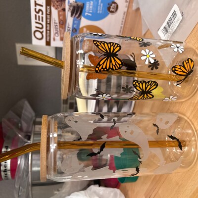 Boho Abstract Glass Can Cup Retro Boho Glass Can Cup Cup With Lid and ...