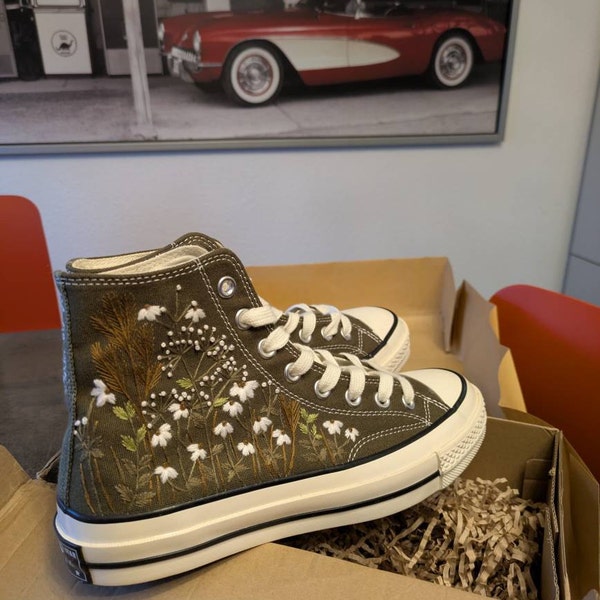 Flatform Converse Wedding, Flowers and Fern Leaves Embroidered Sneaker ...