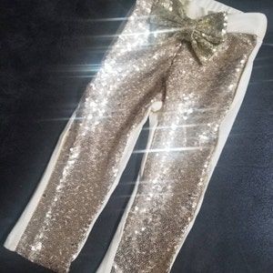 Gold Sequin Leggings W/ Messy Bow, Gold Sparkle Pants, Girls Leggings ...