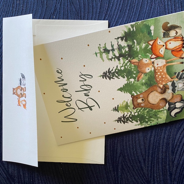 New Baby Card, Woodland Baby Card, Baby Shower Greeting Card, Woodland ...