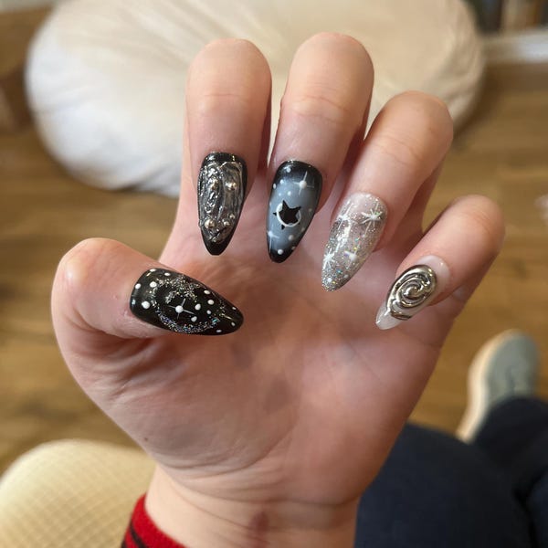 Gothic Wings Coffin Handmade Nail Art Set With Gothic Black and Silver ...