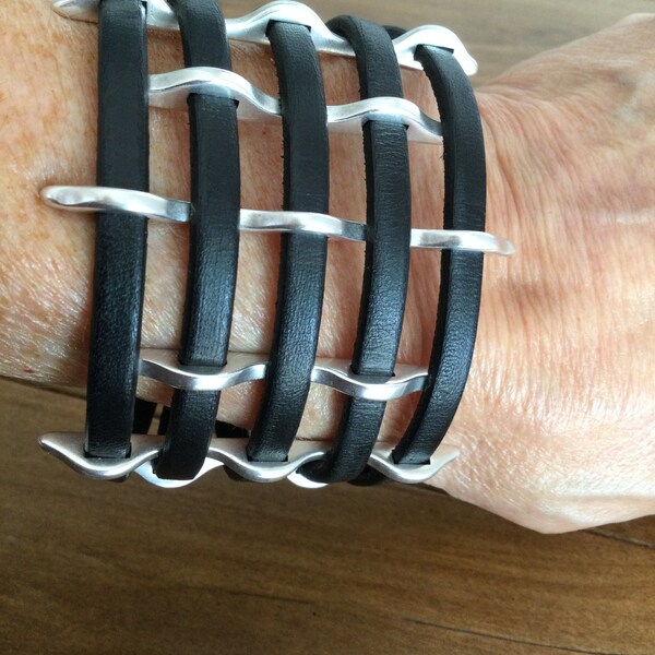 The Defender Bold and Edgy Statement Leather and Silver Cuff Bracelet ...