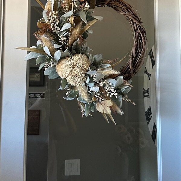 Boho Pampas Grass Eucalyptus Wreath for Front Door With Lamb's Ear and ...
