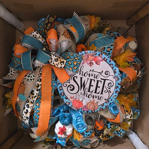 Fall Wreath: Cheetah, Turquoise, and Orange Pumpkin Decor - Etsy