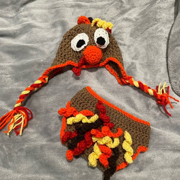 Thanksgiving Turkey Ear Flap Hat & Diaper Cover Outfit Set Photo Prop ...