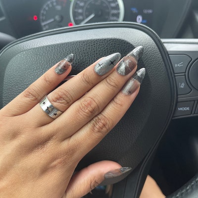 Black Stars Press on Nails, Black Coffin Nails, Custom Fake Nails, Handpainted False Nails ...