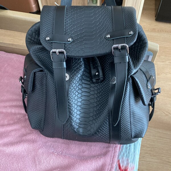 Black Snake Skin Style Leather Backpack, Genuine Calfskin Women ...