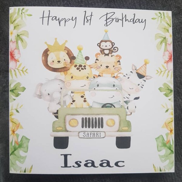 Personalised First Birthday Safari Card, Jungle Safari Animal Age Card ...