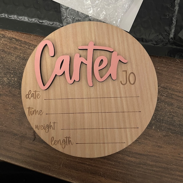 Round Wooden Baby Plaque 3D Custom Wood Baby Name Announcement Sign ...