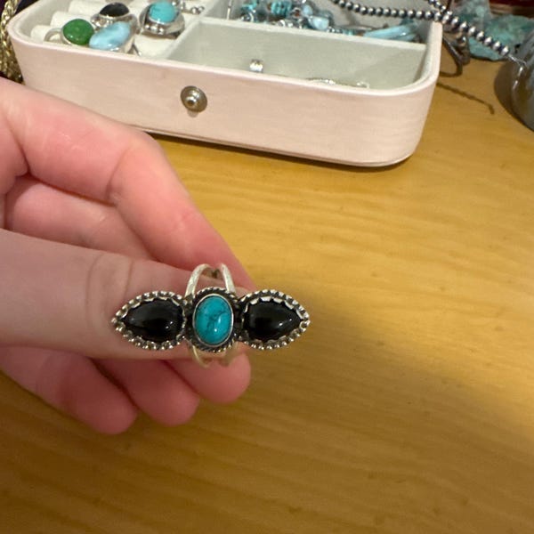 Black Onyx & Turquoise Ring ~ 925 Sterling Silver Ring ~ Pear, Oval ...