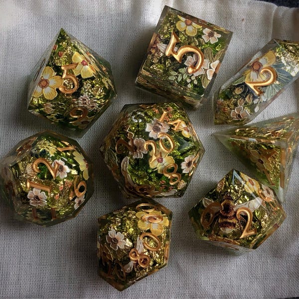 Verdant Sanctuary Dnd Dice Set: Floral Bee Sharp Edge Polyhedral Dice ...