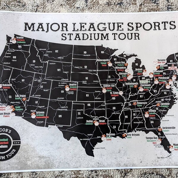 Football and Baseball Stadium Tour Map: Poster or Framed Push Pin Map ...