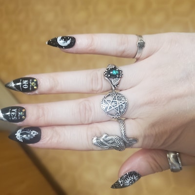 Rainbow Space Alien Matte Black Glow in the Dark Custom Press on Nails ...