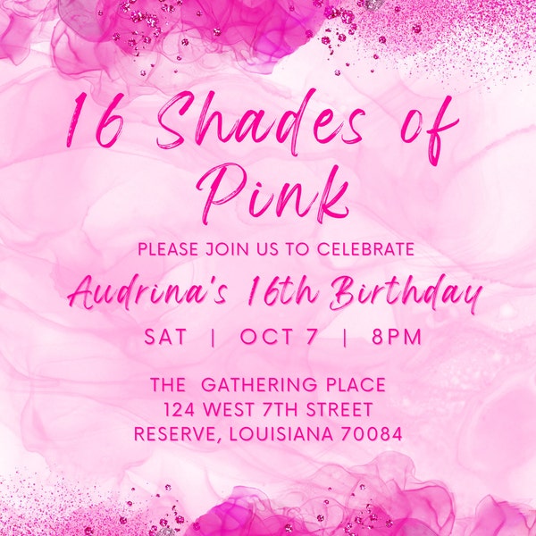 Editable 16 Shades of Pink Invitation, Sweet 16 Invitation, Pink Party ...