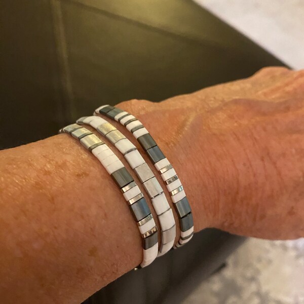 Gray, White & Silver Stackable Beaded Bracelets | Glass Tile Bracelets ...