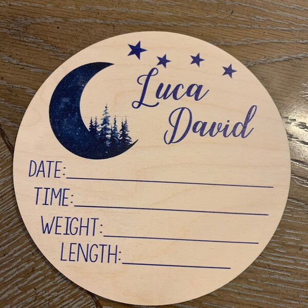Birth Stat Sign, Round Wood Birth Stat Sign, Moon and Stars Nursery ...