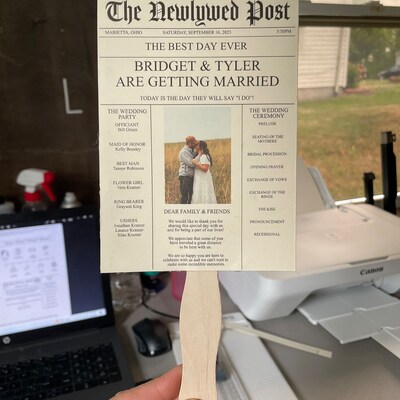 Newspaper Wedding Program Fan With Timeline, Printable Wedding Fan ...