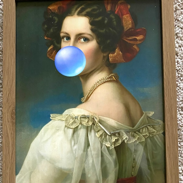 Reading Lady With Pink Bubble Gum, Funny Vintage Altered Art Portrait ...