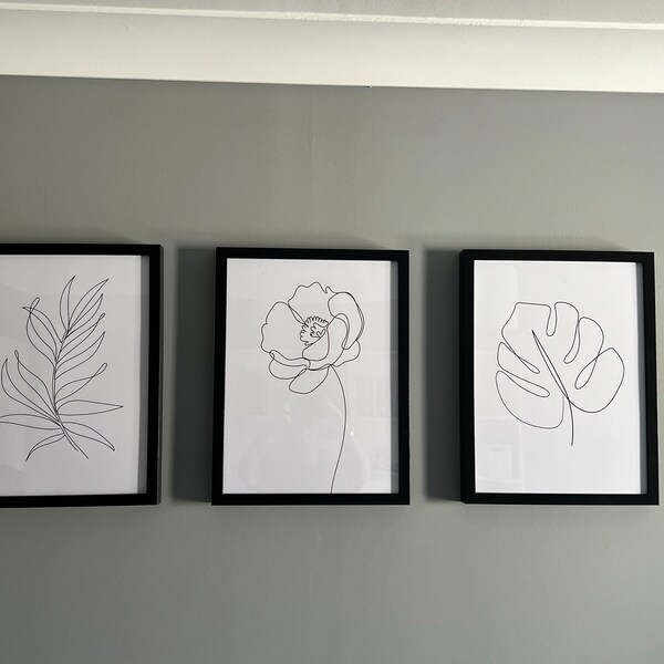 Set of 3 Floral Line Art Prints, Line Art, Monochrome Prints, Leaves ...