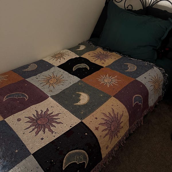 Boho Sun and Moon Woven Blanket - Celestial Checkerboard Throw Blanket ...