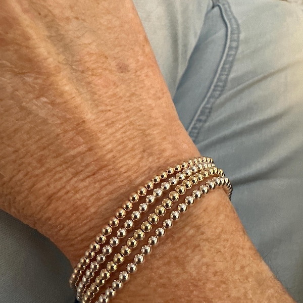 14K Solid Gold 3mm Beaded Bracelet - Beaded Stacking Bracelet - Real ...